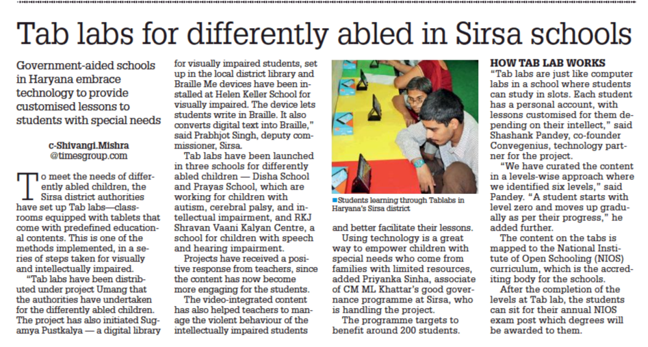 Times Of India: Tab-Labs for Differently-abled Kids, Haryana – ConveGenius